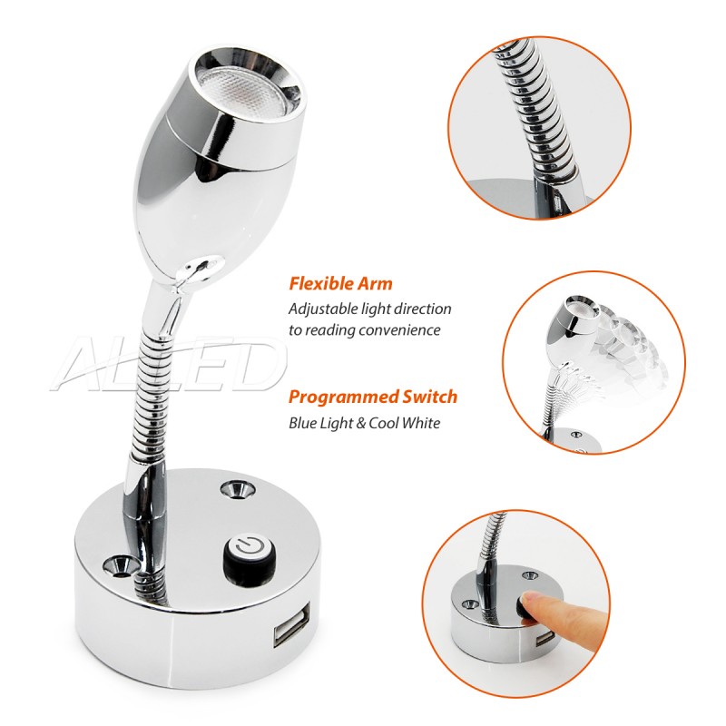 12V LED Reading Light with USB charger, Caravan Reading Light with USB ...