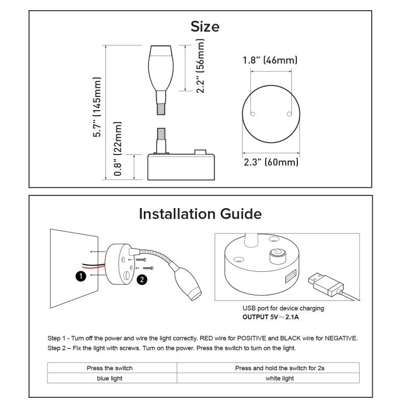 12V LED Reading Light with USB charger, Caravan Reading Light with USB ...