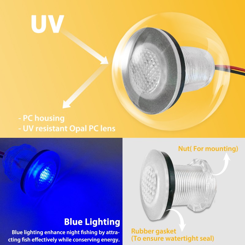 12V Waterproof LED Courtesy Deck Step Light Boat Live Bait Wells Lamp ...